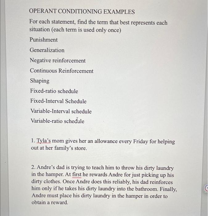 Solved OPERANT CONDITIONING EXAMPLES For each statement, | Chegg.com