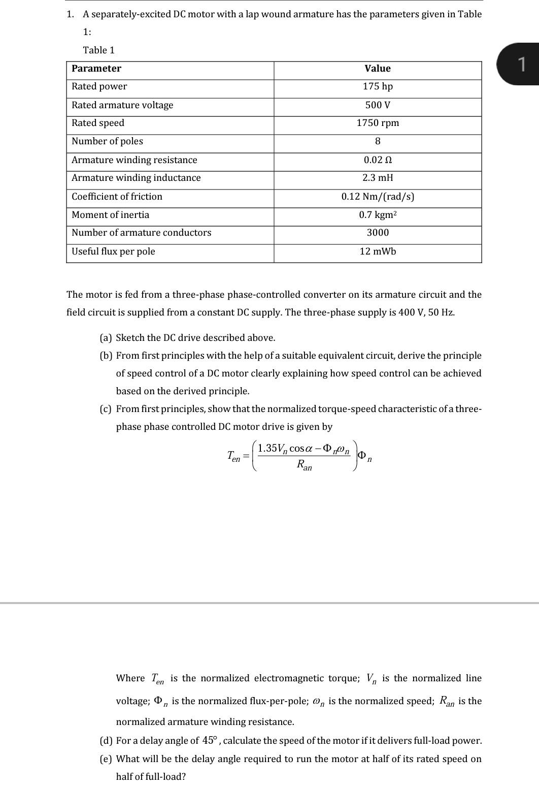 Solved 1. A separately-excited DC motor with a lap wound | Chegg.com