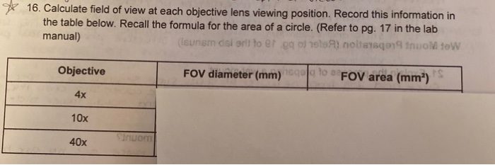 % 16. Calculate field of view at each objective lens | Chegg.com