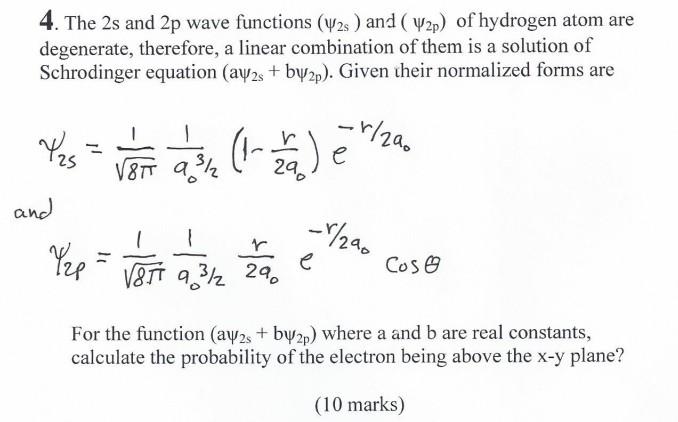 Solved 4. The 2s and 2p wave functions (V2s ) and (Y2p) of | Chegg.com