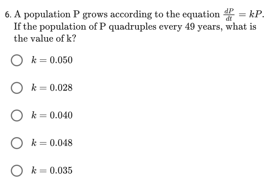 Solved A population P ﻿grows according to the equation | Chegg.com