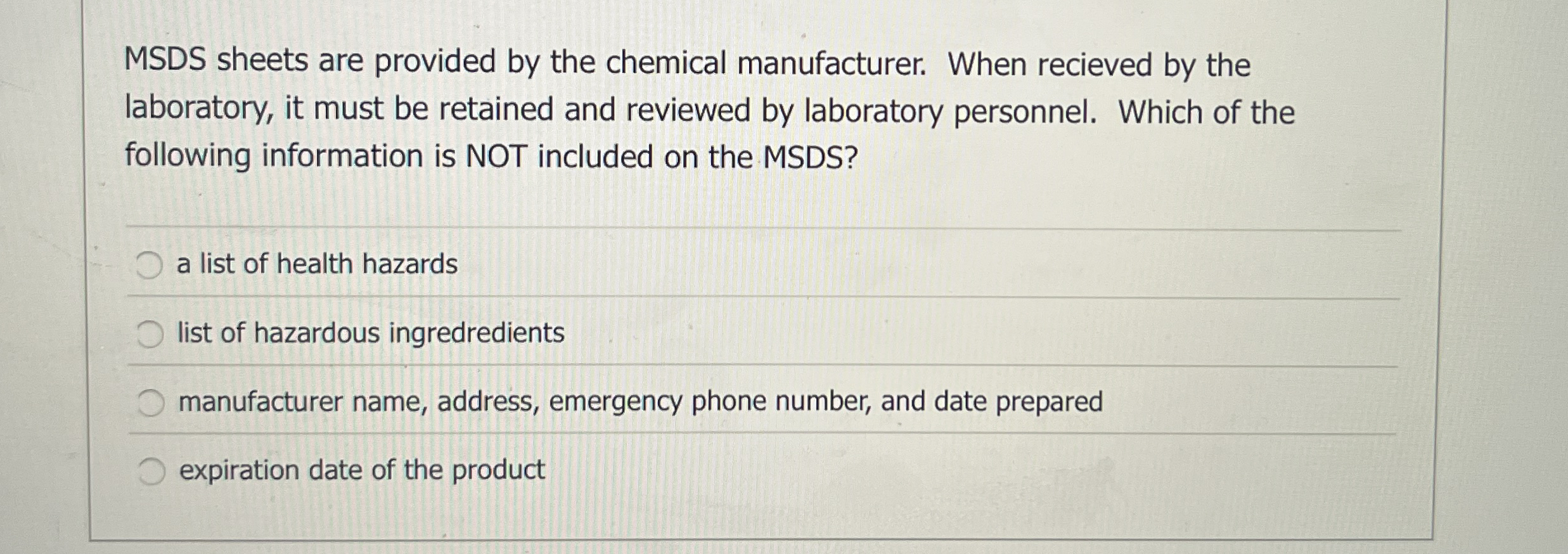 MSDS sheets are provided by the chemical | Chegg.com