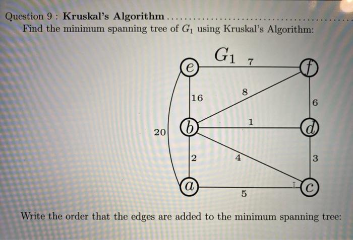 Solved Question 9 : Kruskal's Algorithm ..... Find the | Chegg.com