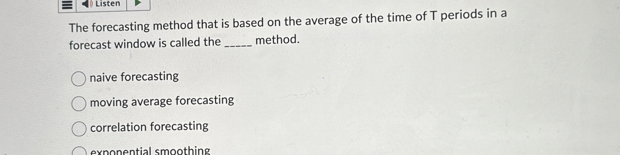 Solved The forecasting method that is based on the average | Chegg.com