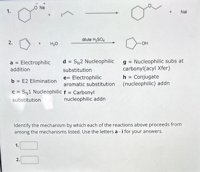 Solved 1. +Nal 2. +H2O dilute H2SO4 a= Electrophilic | Chegg.com