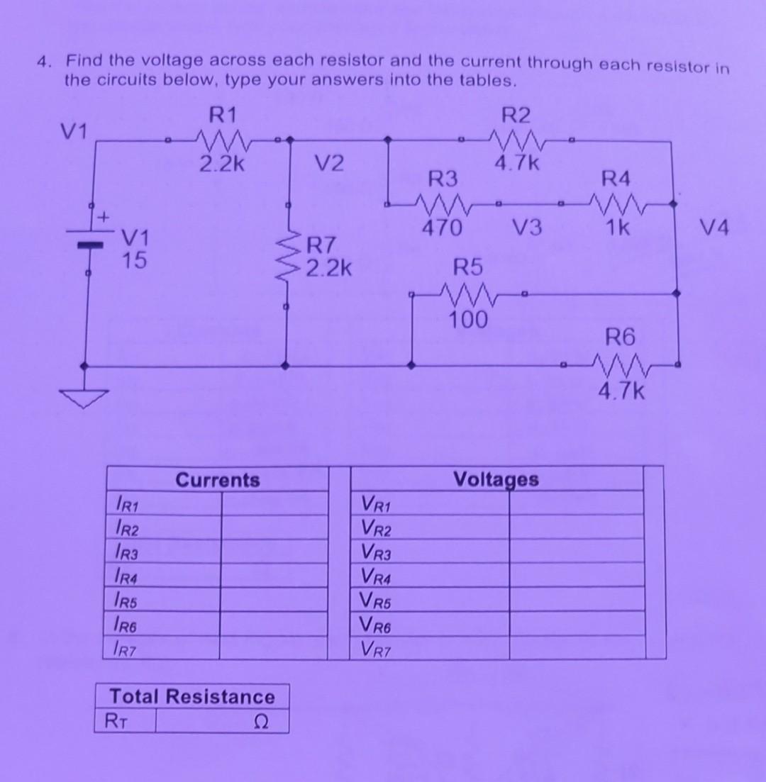Solved 4. Find the voltage across each resistor and the | Chegg.com