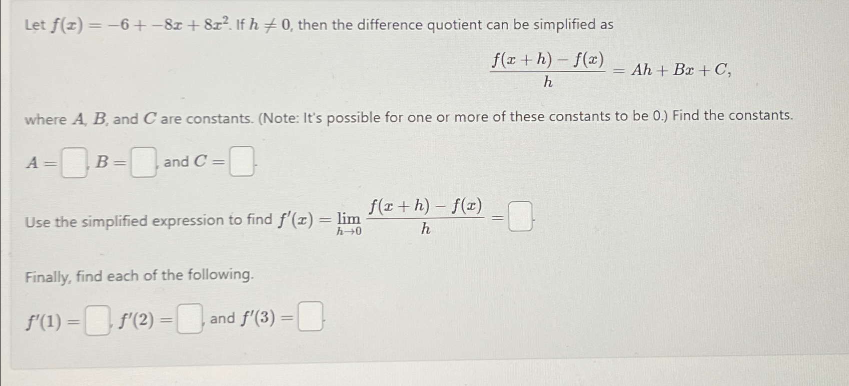 Solved Let F X 6 8x 8x2 ﻿if H≠0 ﻿then The Difference