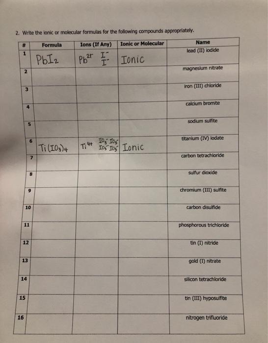 Solved # 1 2 Part 1: Nomenclature of Ionic and Molecular | Chegg.com