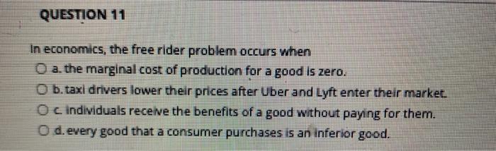 Solved QUESTION 11 In economics, the free rider problem | Chegg.com
