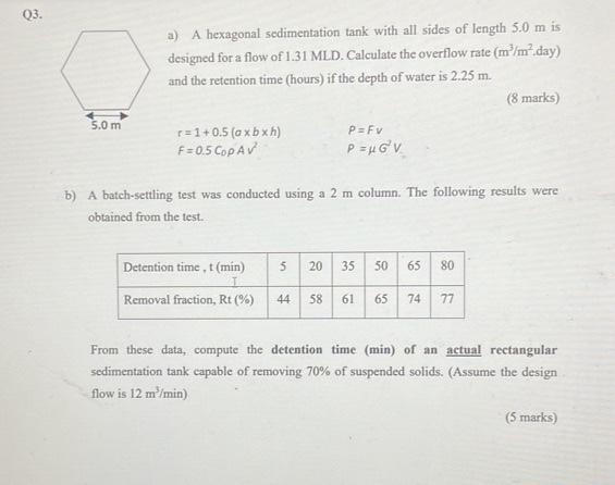 Solved a) A hexagonal sedimentation tank with all sides of | Chegg.com
