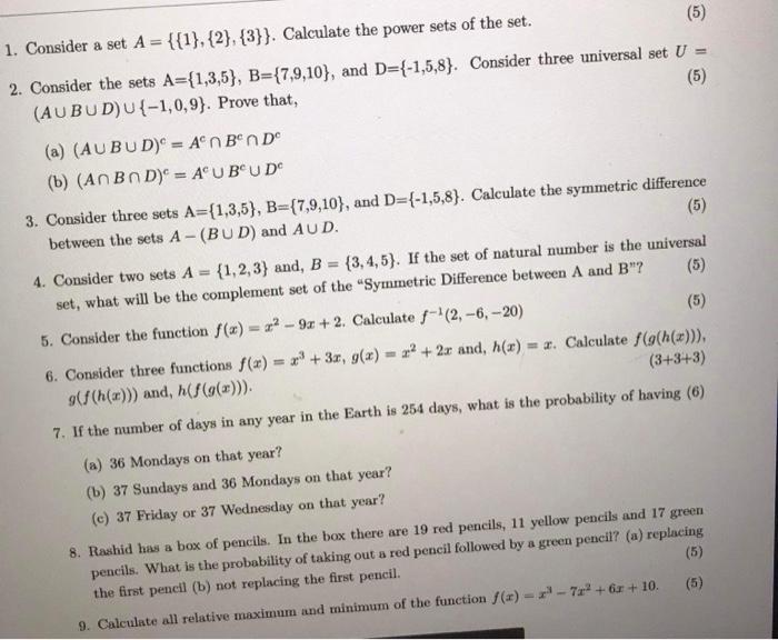 Solved (5) 1. Consider a set A = {{1}, {2}, {3}}. Calculate | Chegg.com