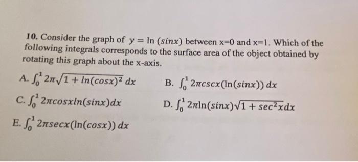 Solved 10. Consider the graph of y = ln (sinx) between x=0 | Chegg.com