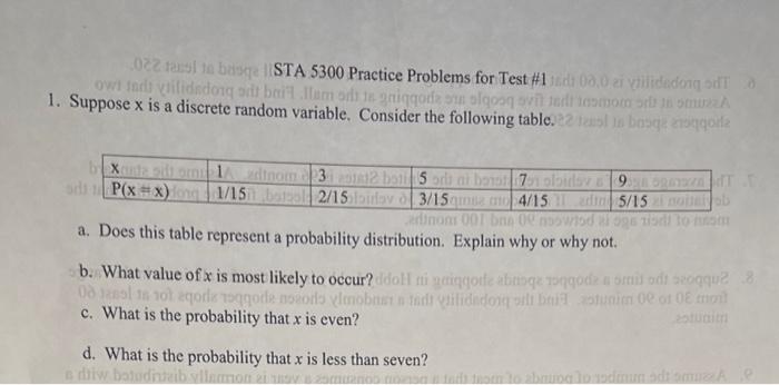 Solved STA 5300 Practice Problems for Test \#1 1. Suppose x | Chegg.com