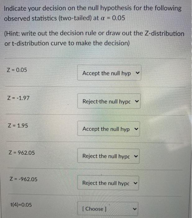 Solved Indicate your decision on the null hypothesis for the | Chegg.com