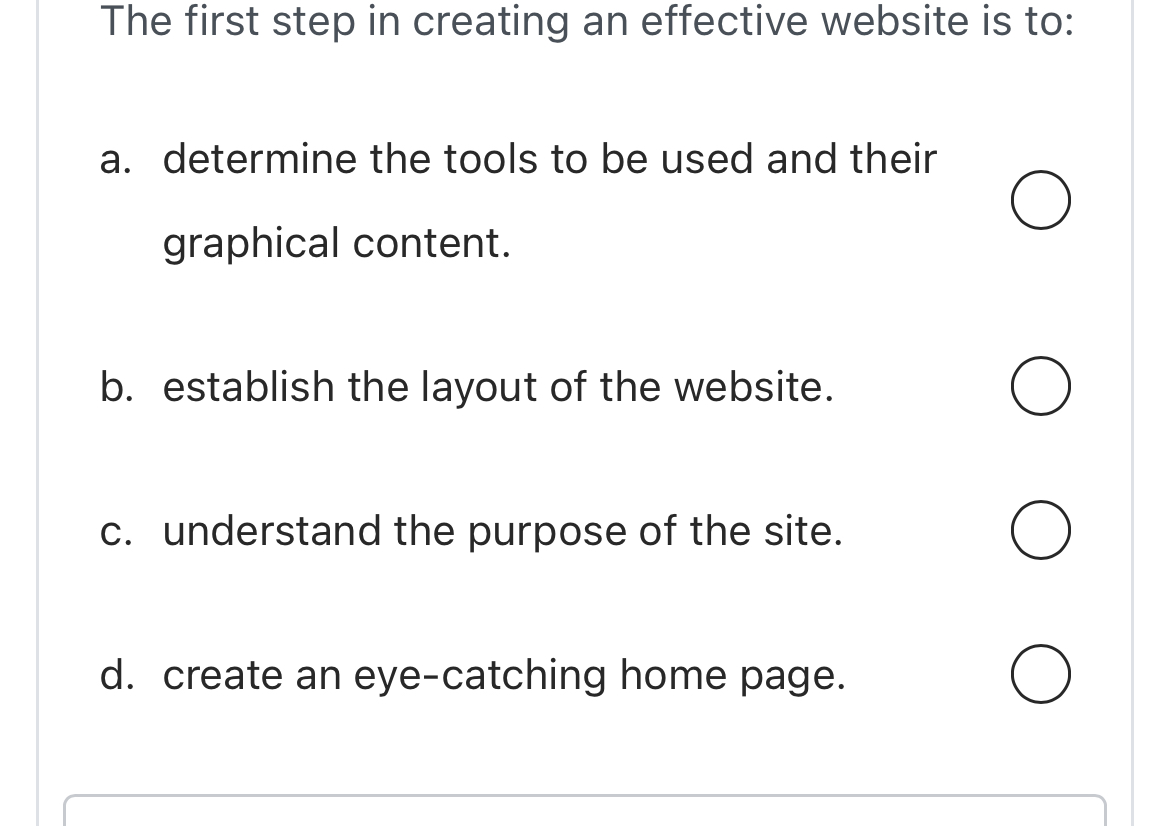 Solved The first step in creating an effective website is | Chegg.com