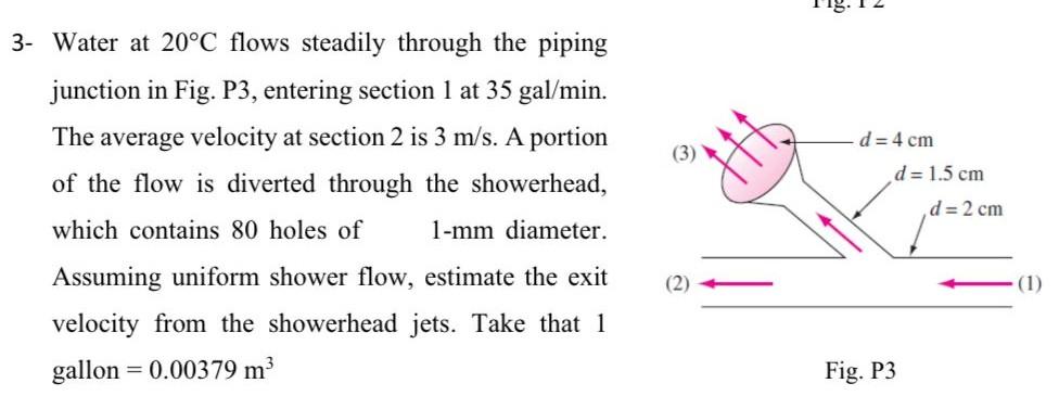 Solved Water at 20∘C flows steadily through the piping | Chegg.com
