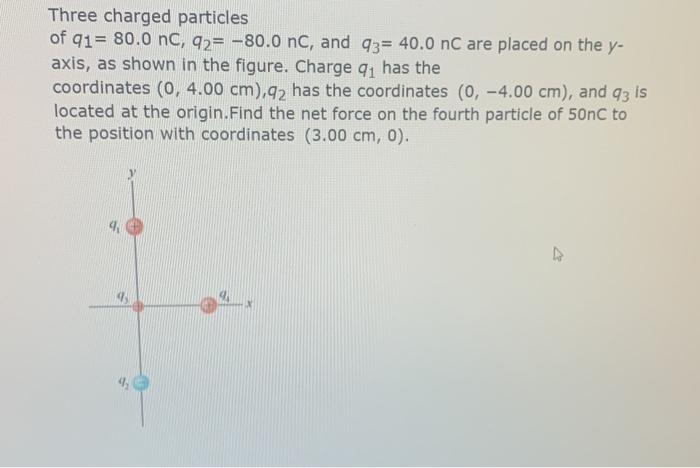 Solved Three charged particles of q1= 80.0 nC, q2= -80 nC, | Chegg.com