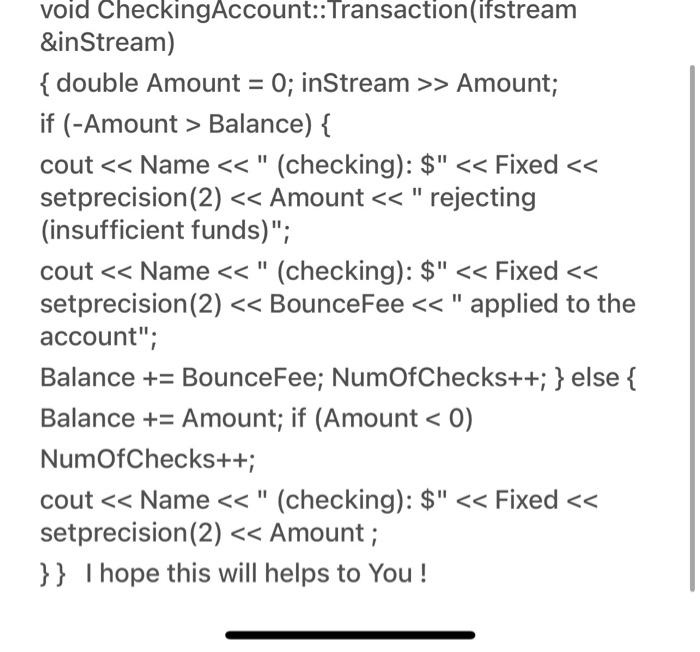 class Account \{ public: void Transaction(ifstream | Chegg.com