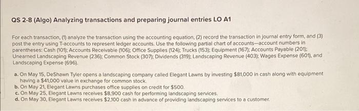 Solved QS 2-8 (Algo) Analyzing transactions and preparing | Chegg.com
