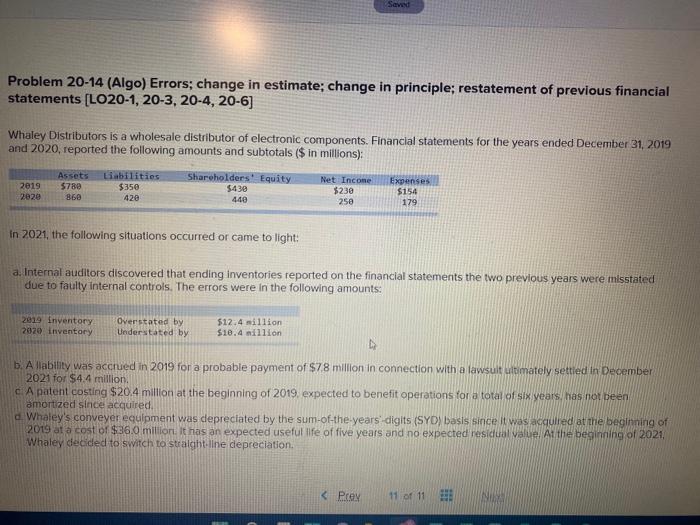 Solved Saved Problem 20-14 (Algo) Errors; change in | Chegg.com