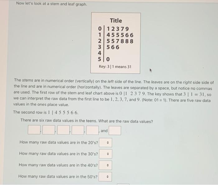 Solved Stem and Leaf Plots A stem and leaf plot is a graph | Chegg.com