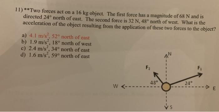 Solved 11 Two Forces Act On A 16 Kg Object The First