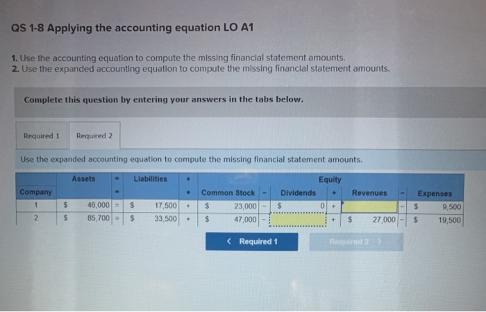 Solved QS 1-8 Applying the accounting equation LO A1 1. Use | Chegg.com