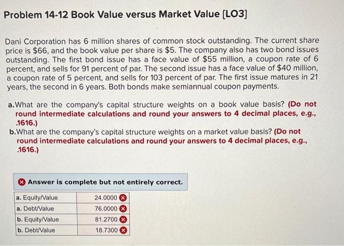 Solved Problem 14-12 Book Value versus Market Value [LO3] | Chegg.com