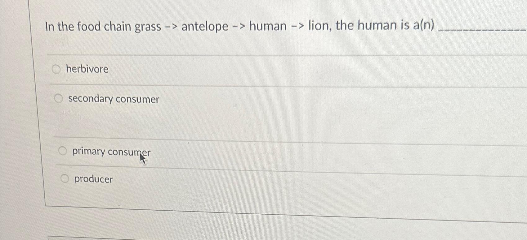 Solved In the food chain grass → ﻿antelope → ﻿human → ﻿lion, | Chegg.com