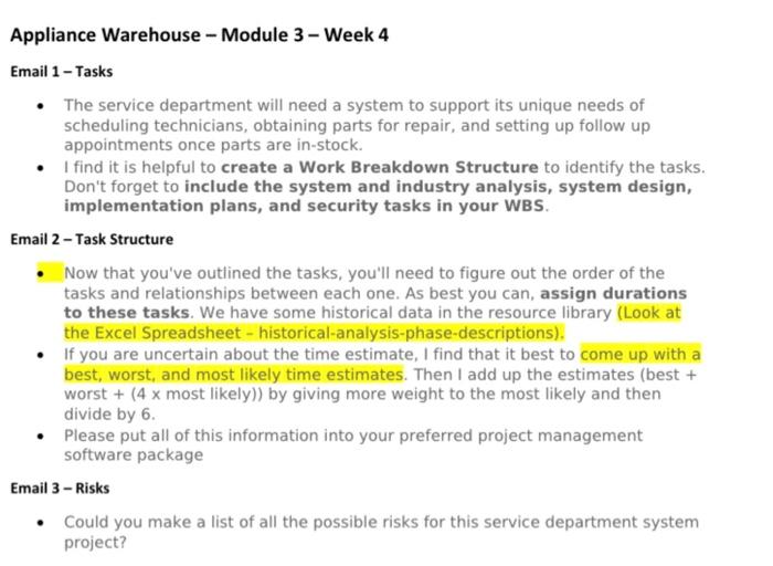 Appliance Warehouse - Module 3-Week 4 Email 1 - Tasks | Chegg.com