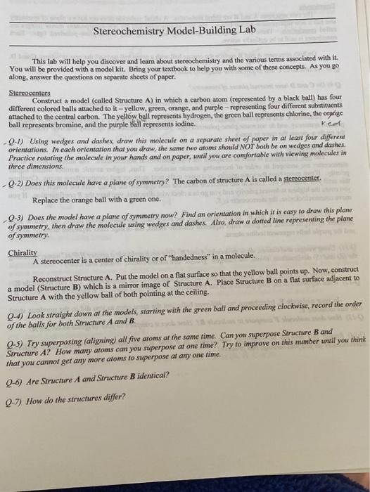 Solved Stereochemistry Model-Building Lab This lab will help | Chegg.com