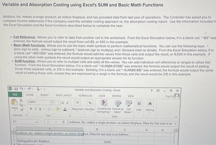 Solved Variable and Absorption Costing using Excel's SUM and | Chegg.com