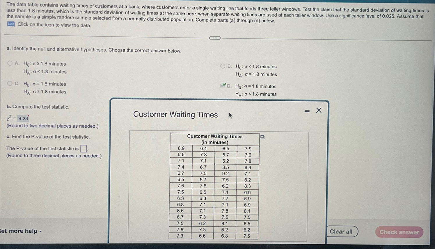 Solved The data table contains waiting times of customers at | Chegg.com