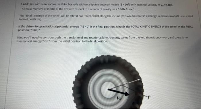 Solved A 40-1b tire with outer radius r=15 inches is | Chegg.com