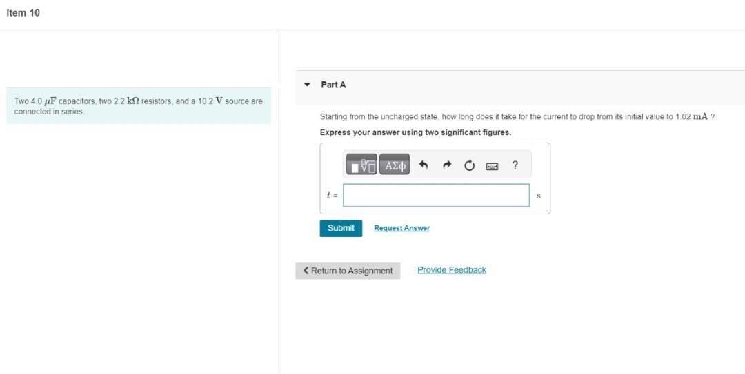 Solved Two 4.0μF capacitors, two 2.2kΩ resistors, and a 10.2 | Chegg.com
