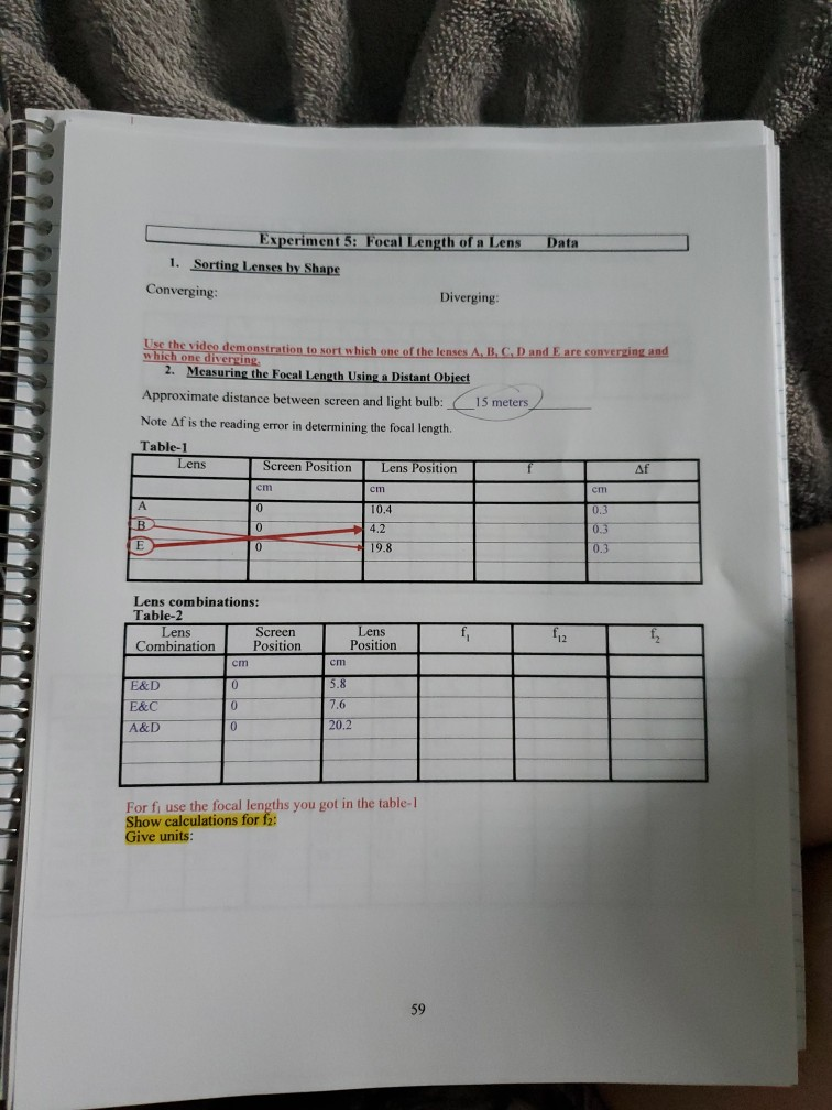 Solved Experiment 5: Focal Length of a Lens Data 1. Sorting | Chegg.com
