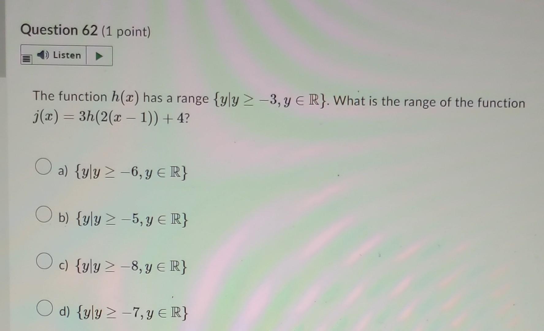 Solved The function h(x) has a range {y∣y≥−3,y∈R}. What is | Chegg.com
