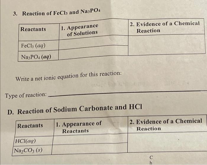Solved 3. Reaction of FeCl3 and Na3PO4 Reactants 1. | Chegg.com