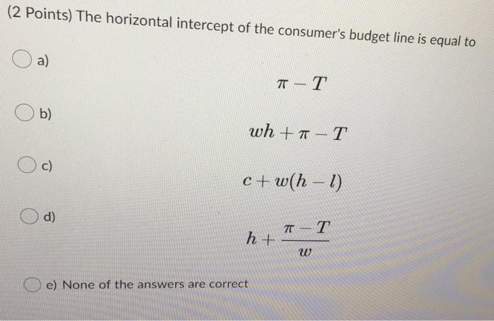 Solved (2 Points) The horizontal intercept of the consumer's | Chegg.com