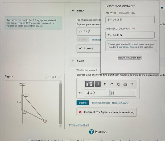 Solved Two wires are tied to the 2.0 kg sphere shown in the | Chegg.com