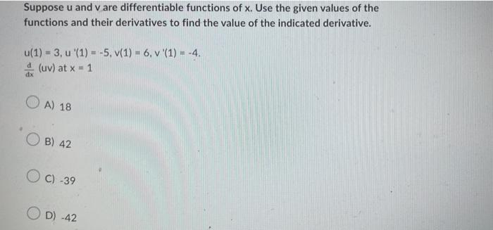 Solved Suppose u and v are differentiable functions of x. | Chegg.com