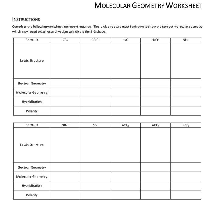 Solved MOLECULAR GEOMETRY WORKSHEET INSTRUCTIONS Complete | Chegg.com