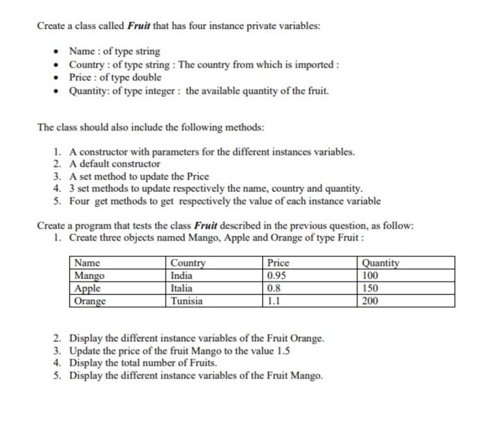 Solved Create a class called Fruit that has four instance | Chegg.com