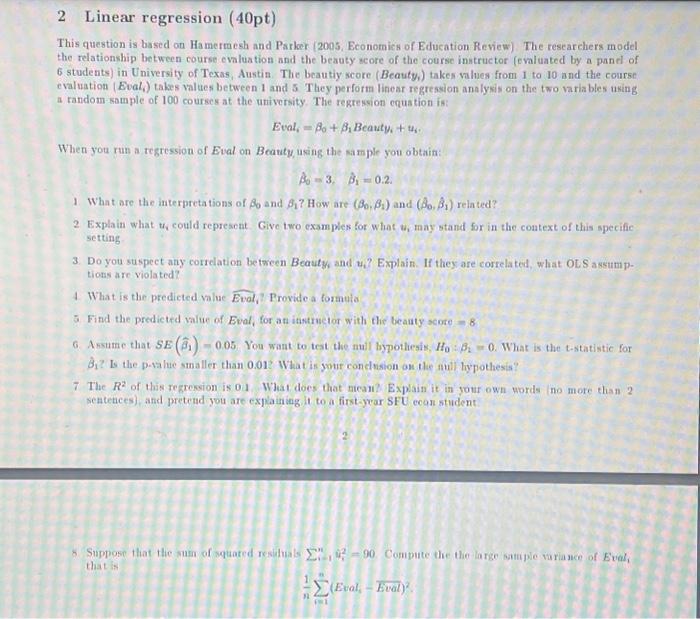 Solved 2 Linear regression (40pt) This question is based on | Chegg.com