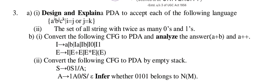 Solved a) (i) ﻿Design and Explaina PDA to accept each of the | Chegg.com