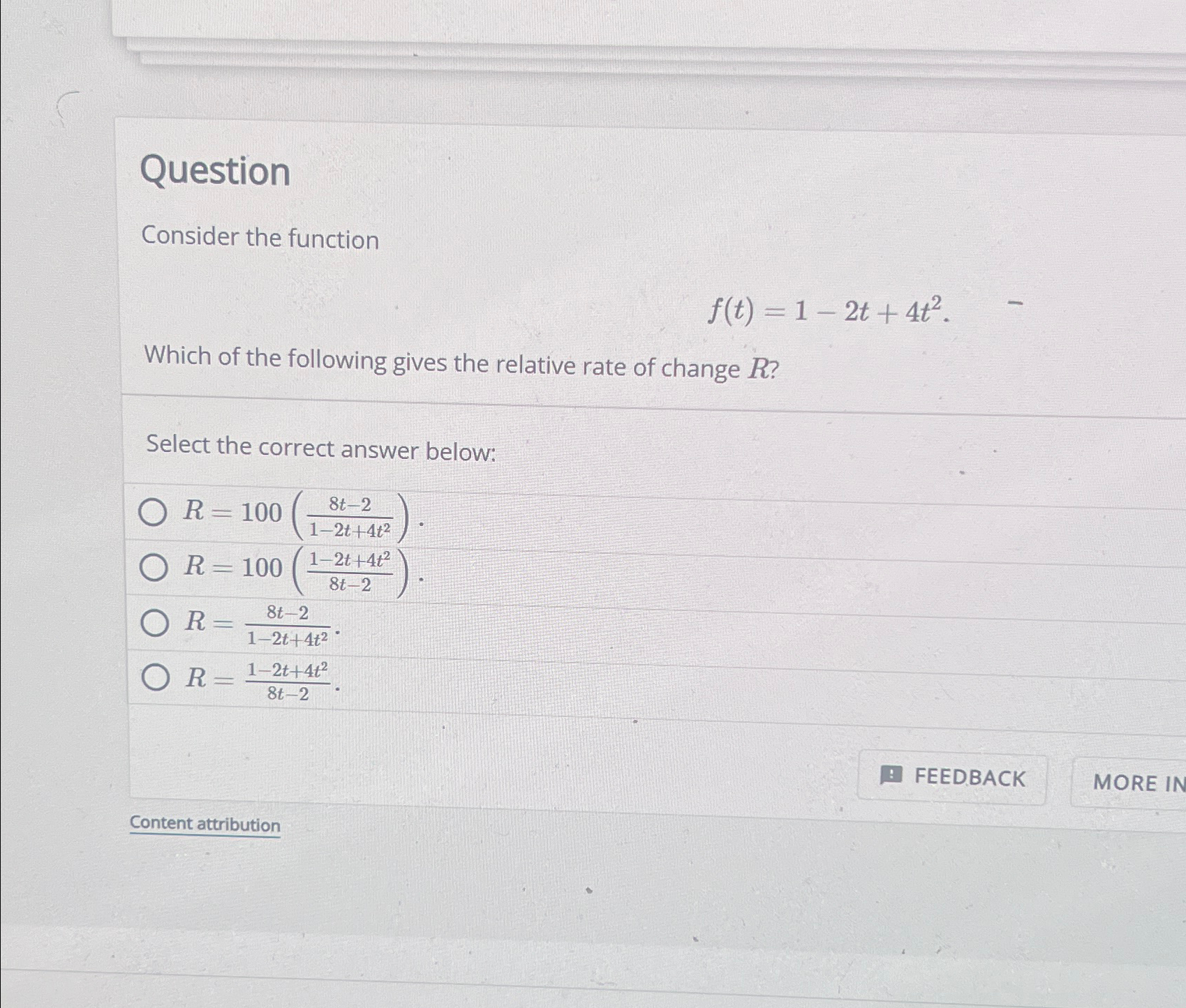Solved QuestionConsider the functionf(t)=1-2t+4t2Which of | Chegg.com