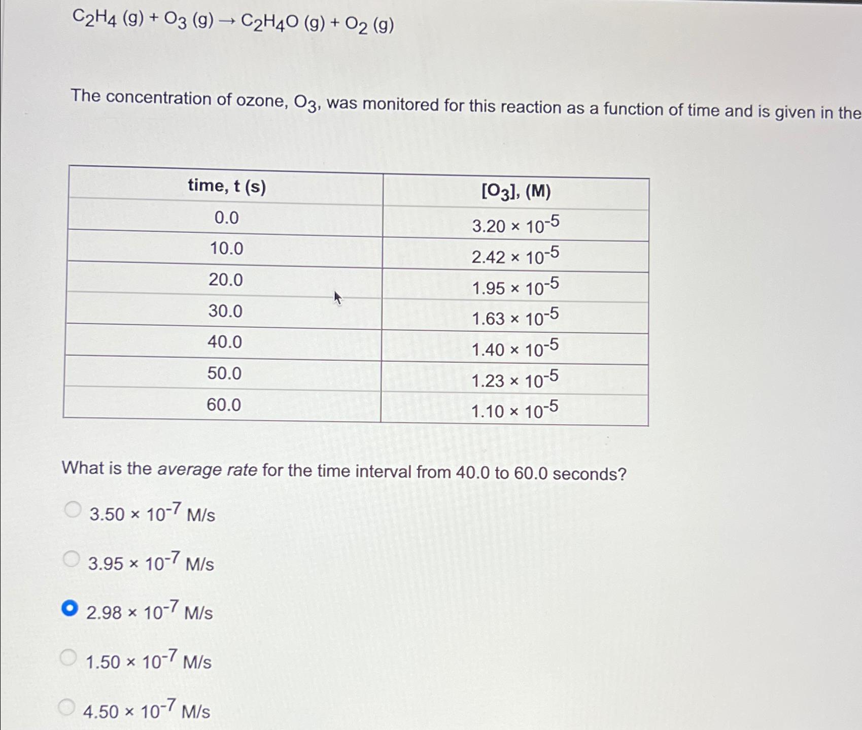 Solved C2H4(g)+O3(g)→C2H4O(g)+O2(g)The concentration of | Chegg.com