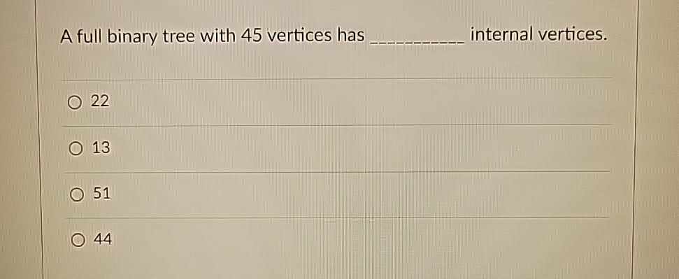 Solved A full binary tree with 45 ﻿vertices has q, ﻿internal | Chegg.com