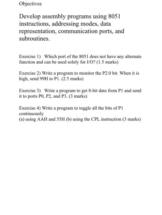 Solved Objectives Develop assembly programs using 8051 | Chegg.com