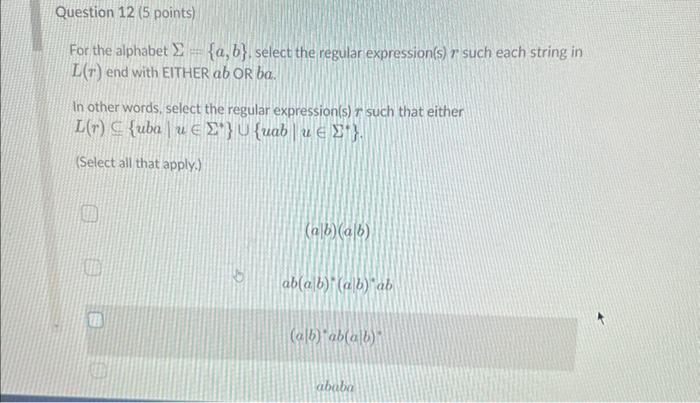 Solved For the alphabet Σ={a,b}, select the regular | Chegg.com